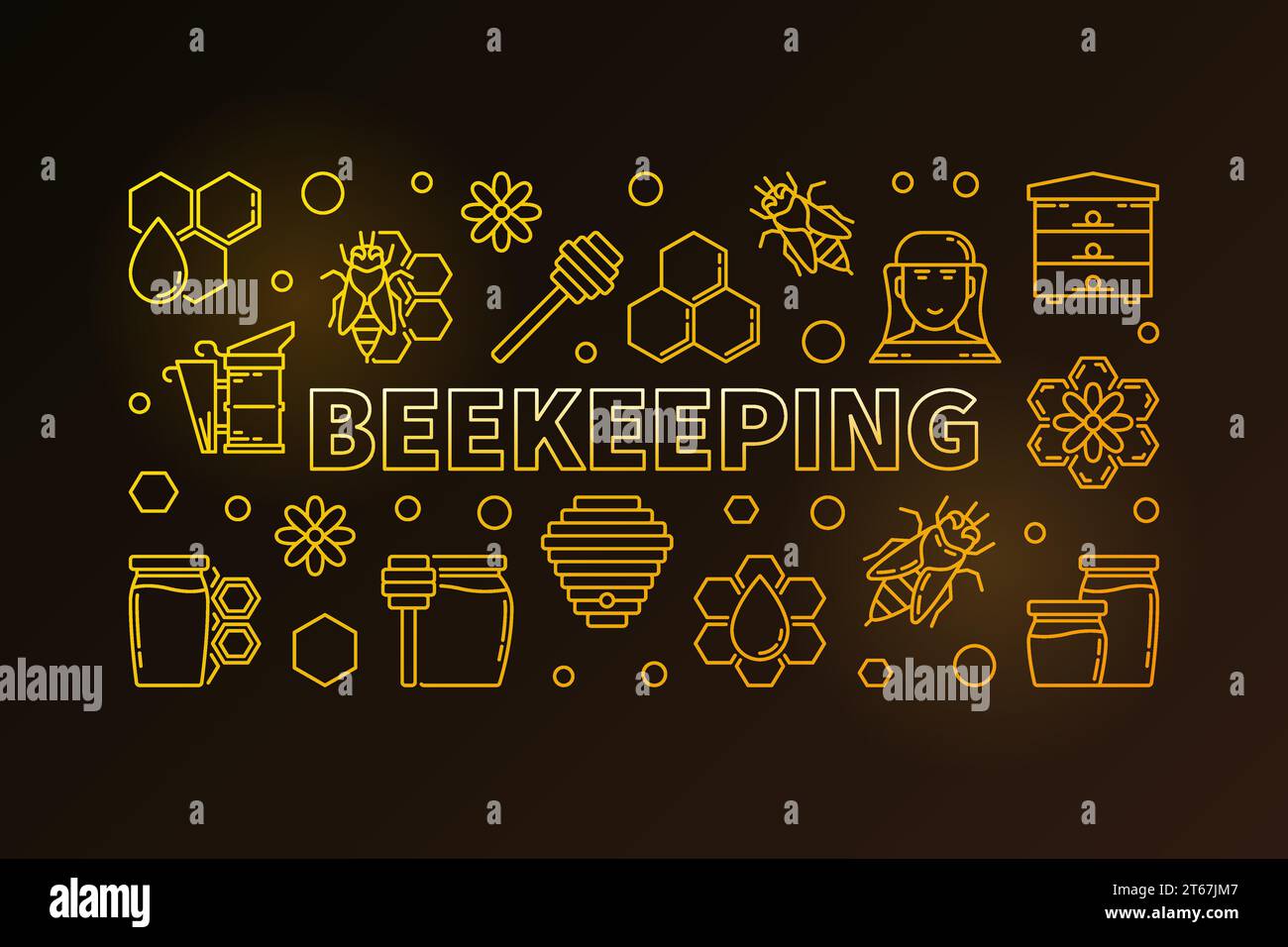 Beekeeping vector colored horizontal illustration made with bee, honey, honeycomb, apiary icons ...