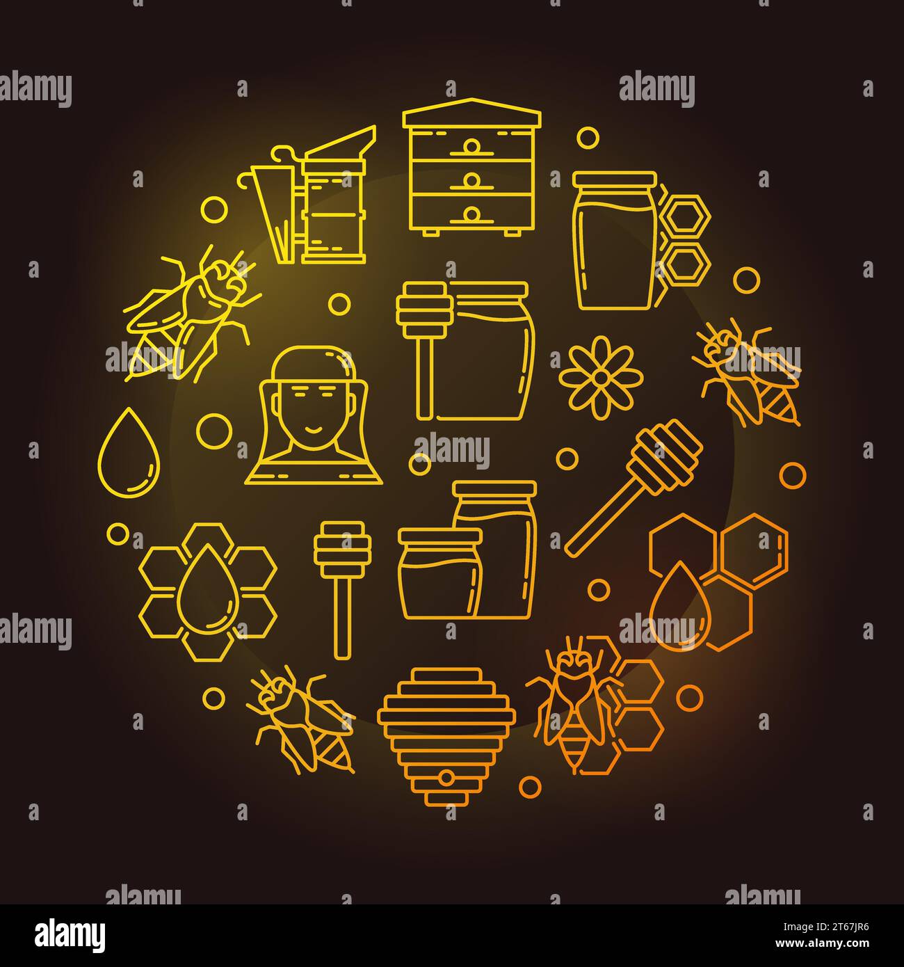 Beekeeping vector outline yellow illustration. Honey and beekeeping round concept symbol in ...