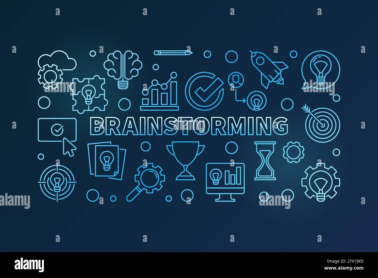 Brainstorming blue vector outline horizontal illustration. Brainstorm ...