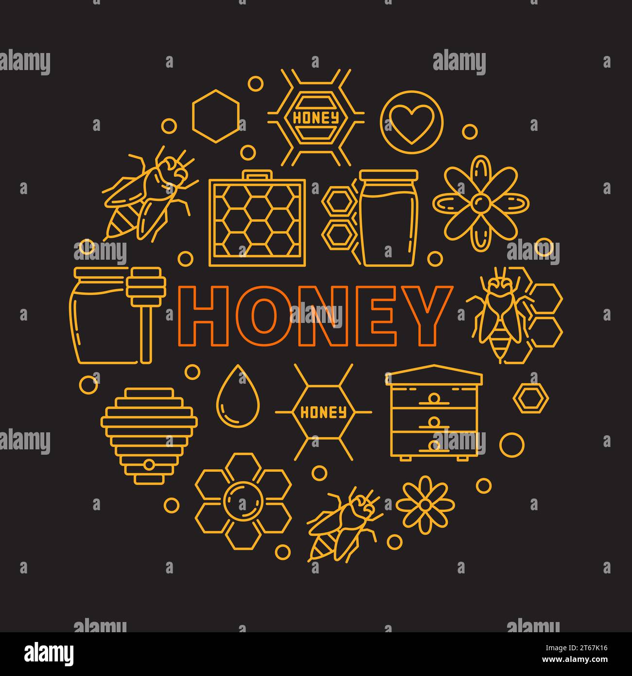 Honey vector round outline illustration. Word Honey and Beekeeping ...