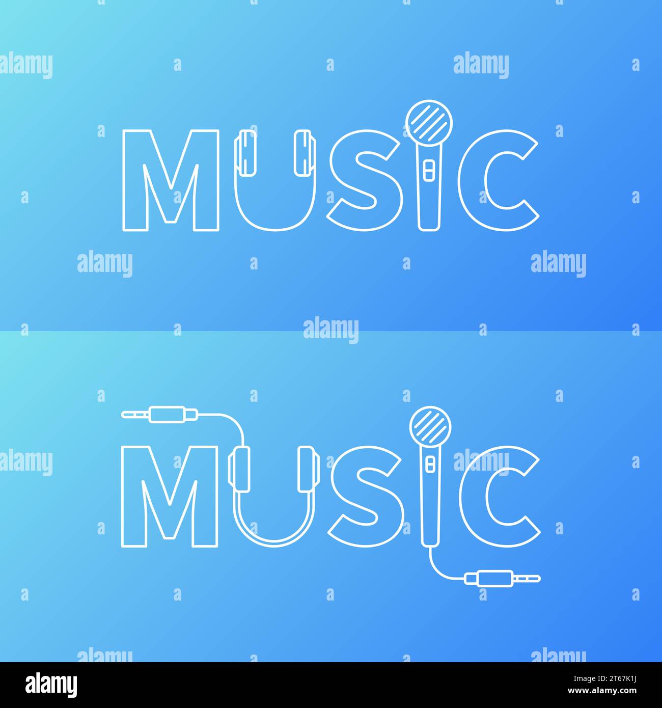 Music word vector logo or symbol in thin line style on blue background ...
