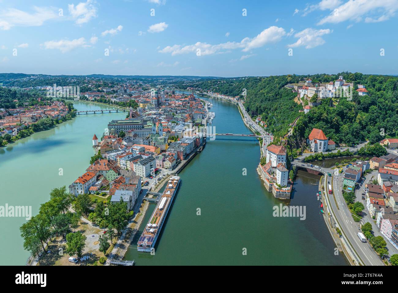 Aerial view to the beautiful situated town of Passau on Danube, Inn and ...
