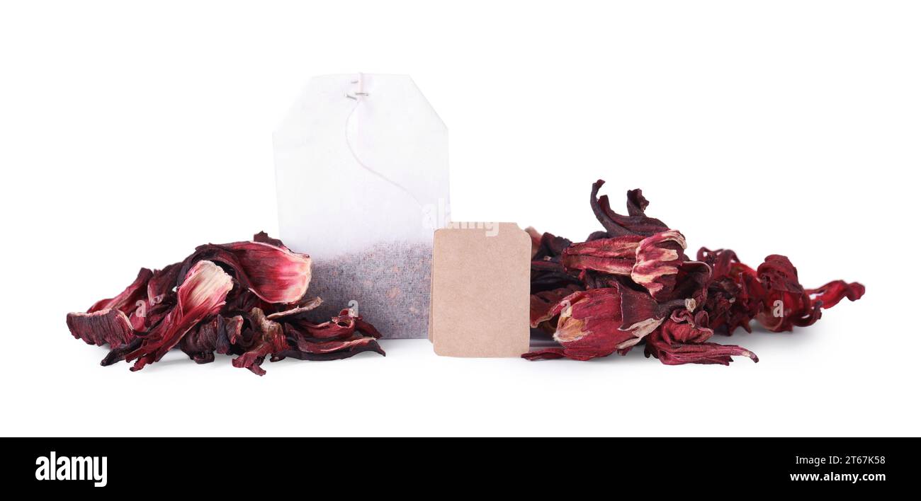 Pile and bag of dry hibiscus tea isolated on white Stock Photo - Alamy