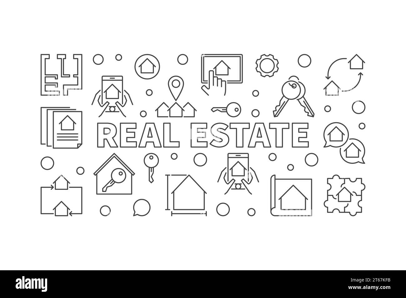 Real Estate vector horizontal banner or illustration in outline style ...