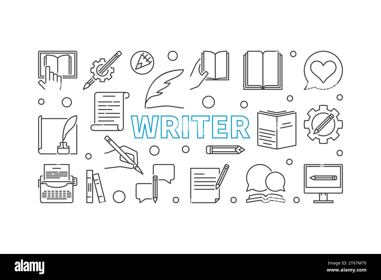 Writer vector horizontal illustration or banner made with outline icons ...