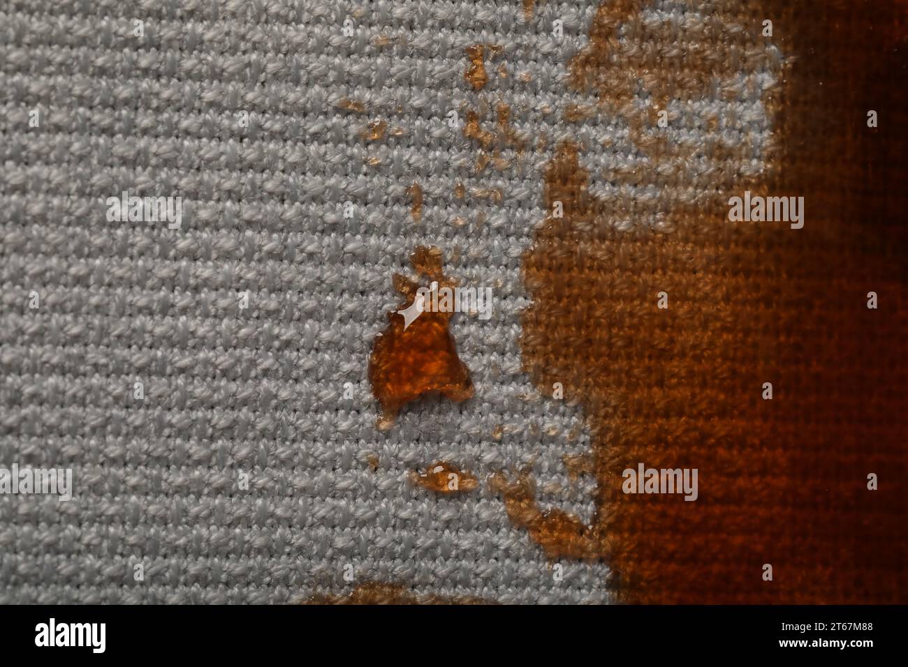 Dirty jacket with stain of coffee as background, top view. Space for ...