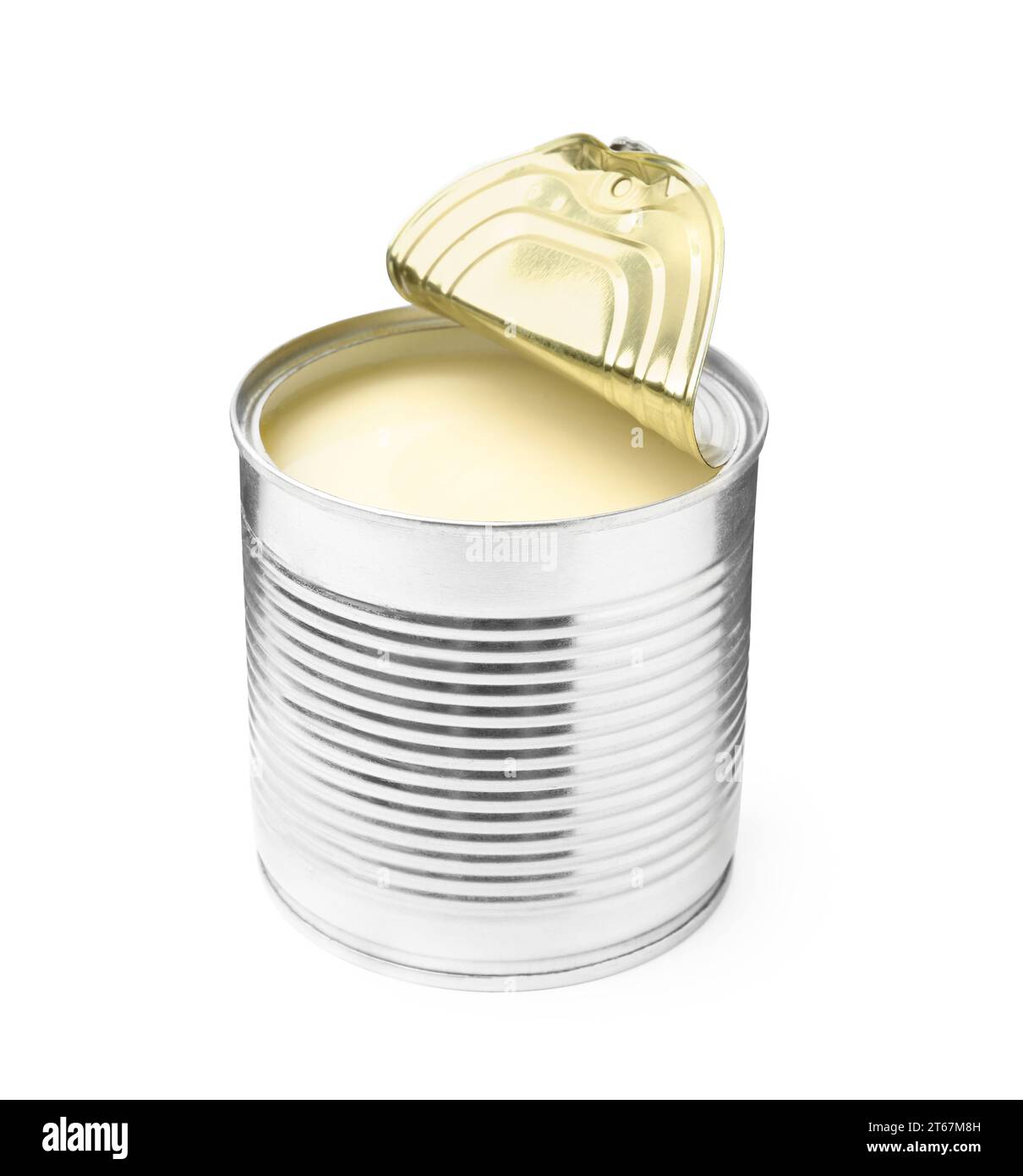 Open tin can with condensed milk isolated on white Stock Photo - Alamy