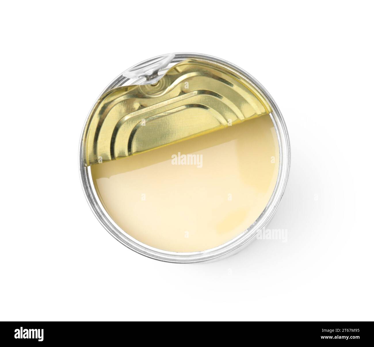 Open tin can with condensed milk isolated on white, top view Stock ...