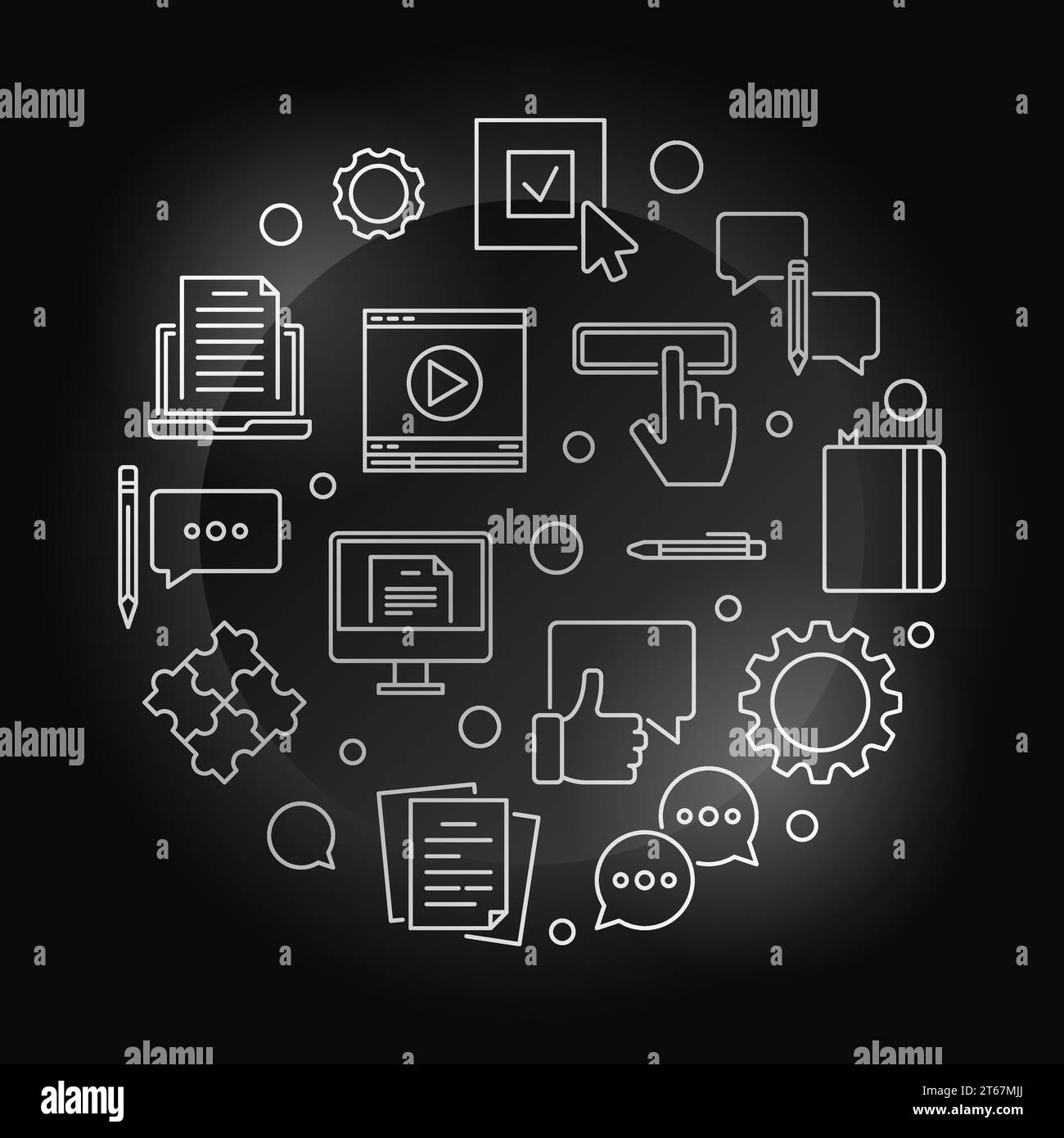 Content round vector silver thin line illustration on dark background ...