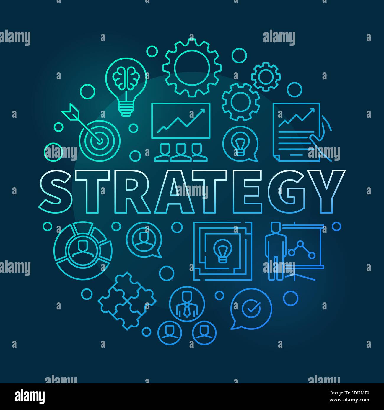 Strategy vector round blue outline illustration on dark background ...
