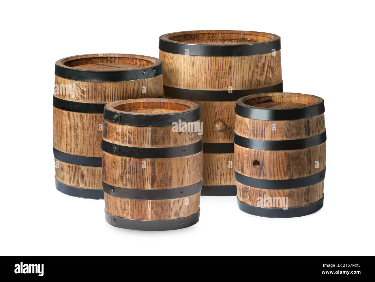 Set of many wooden barrels on white background Stock Photo - Alamy