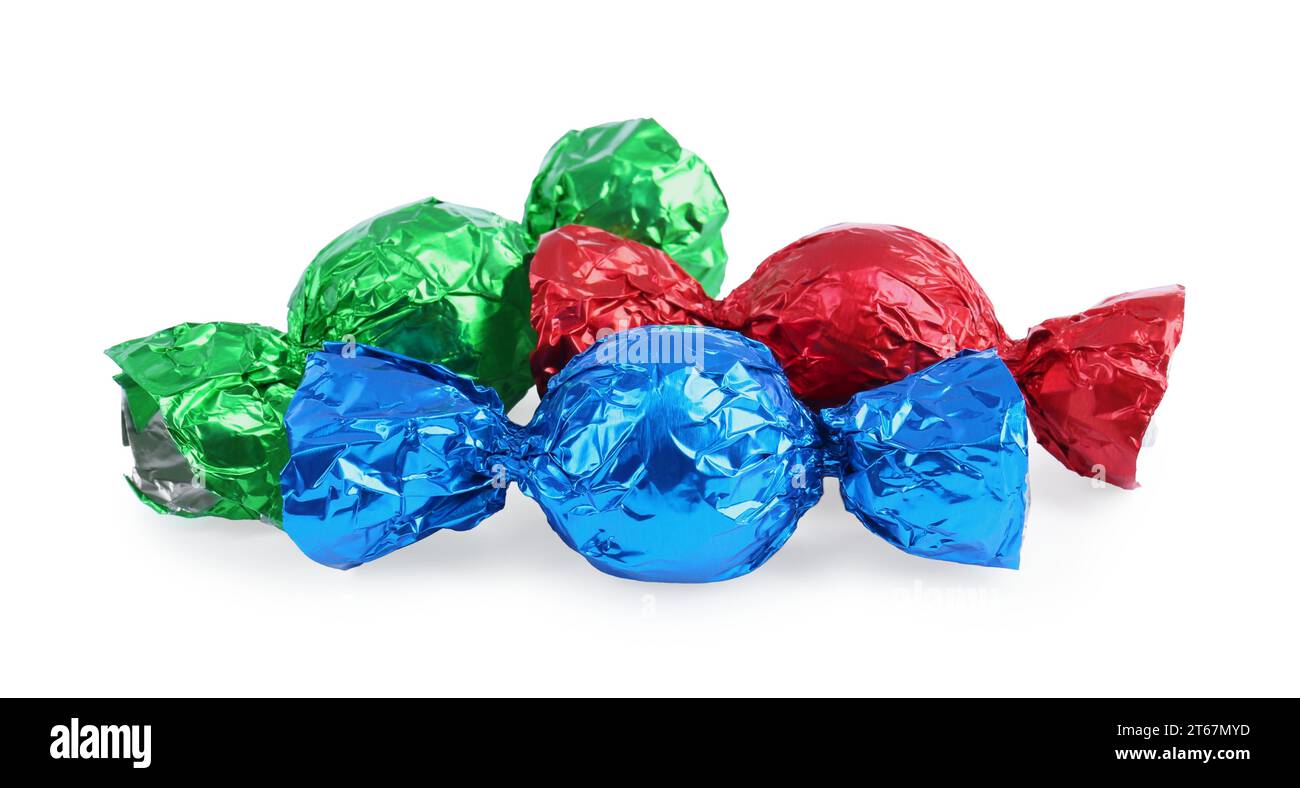 Tasty candies in colorful wrappers isolated on white Stock Photo - Alamy