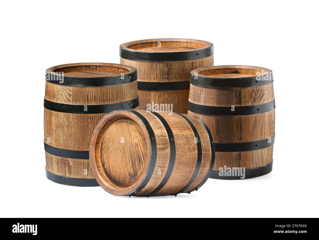 Set of many wooden barrels on white background Stock Photo - Alamy
