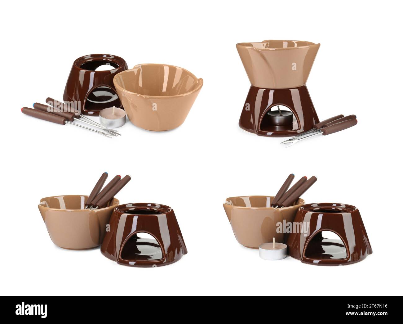 Modern ceramic fondue set on white background, collage Stock Photo - Alamy