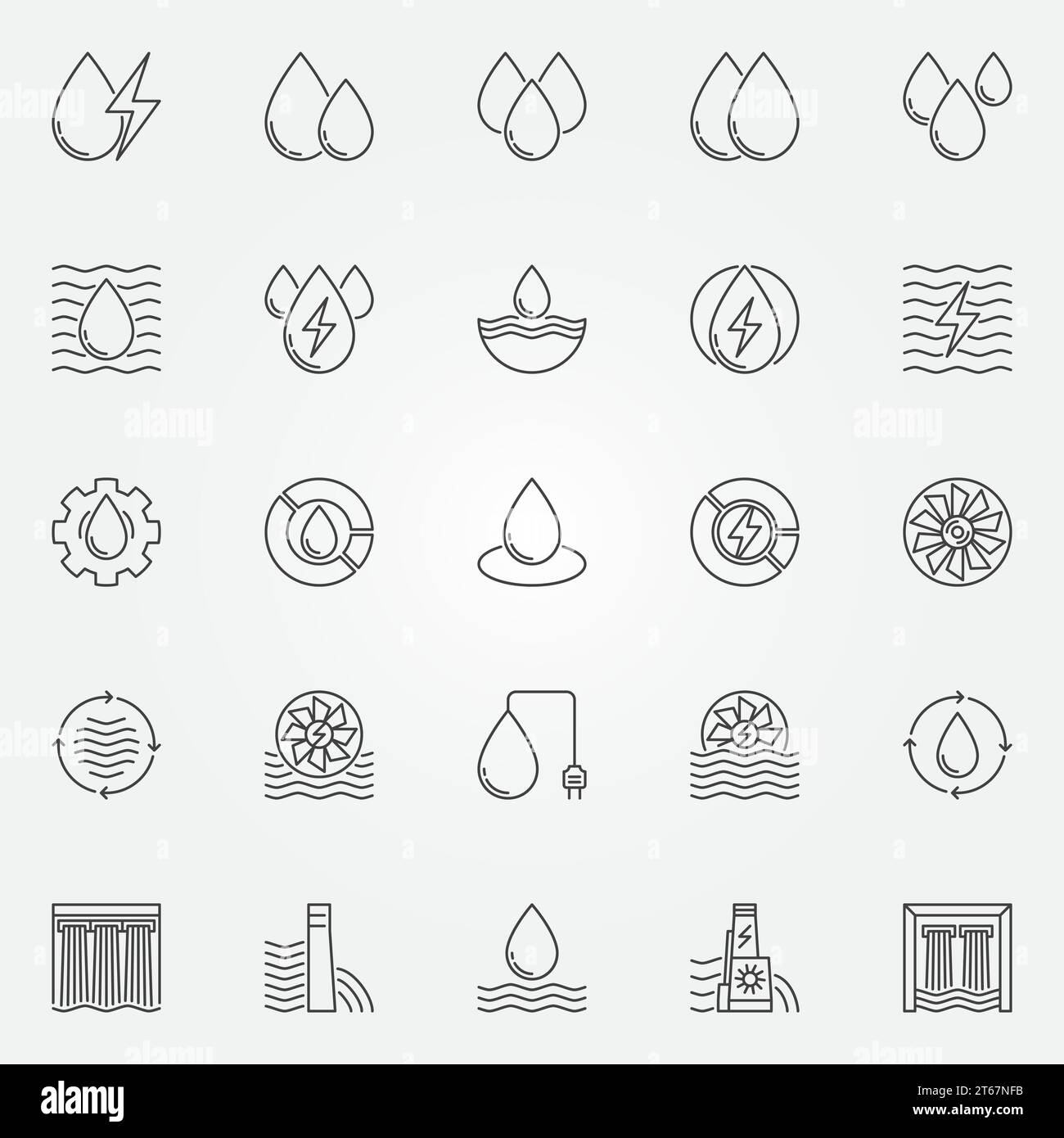 Hydropower icons set. Vector water power and energy concept symbols in ...