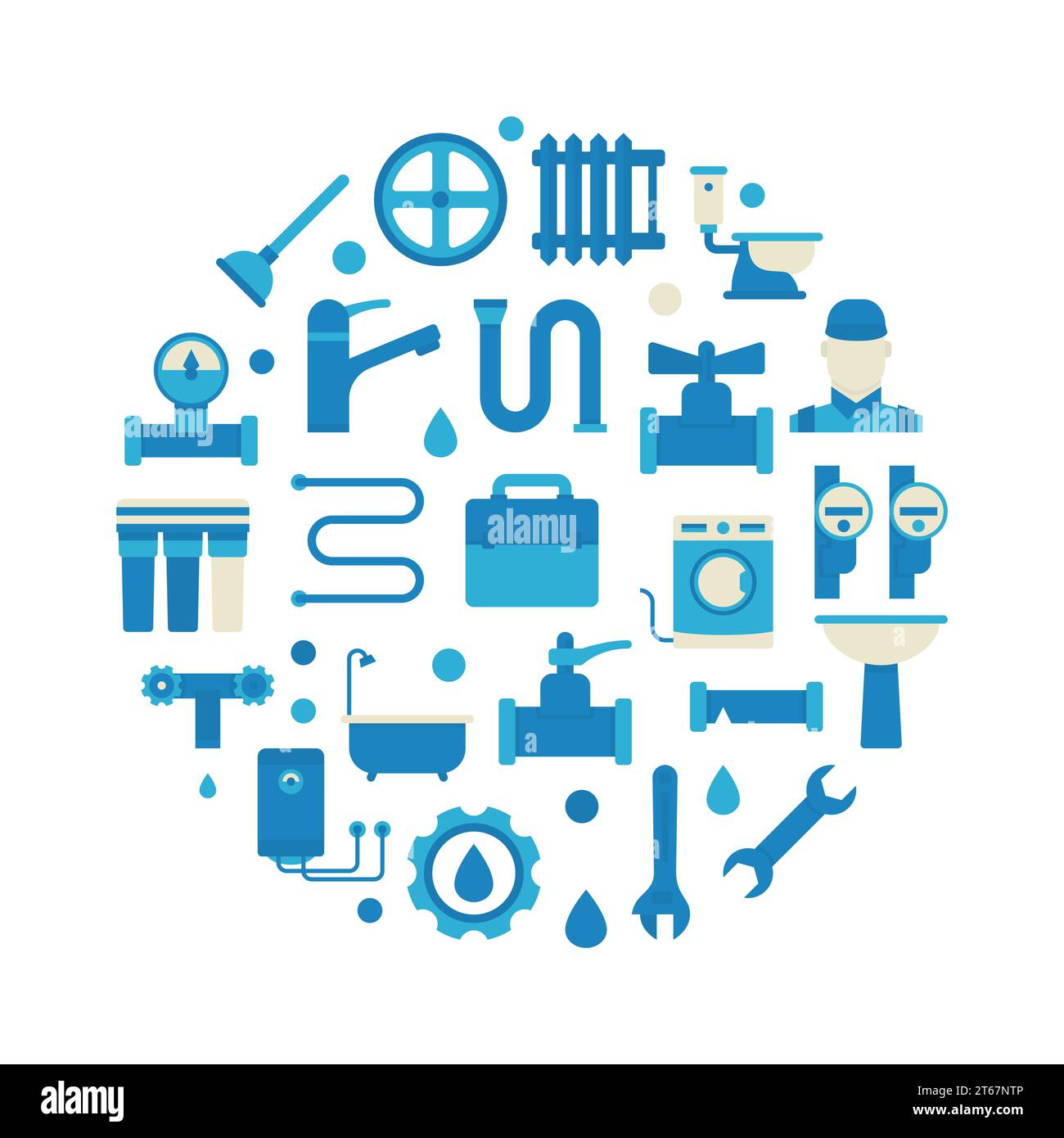 Flat plumbing illustration. Vector circular blue plumbing repair symbol on white background ...