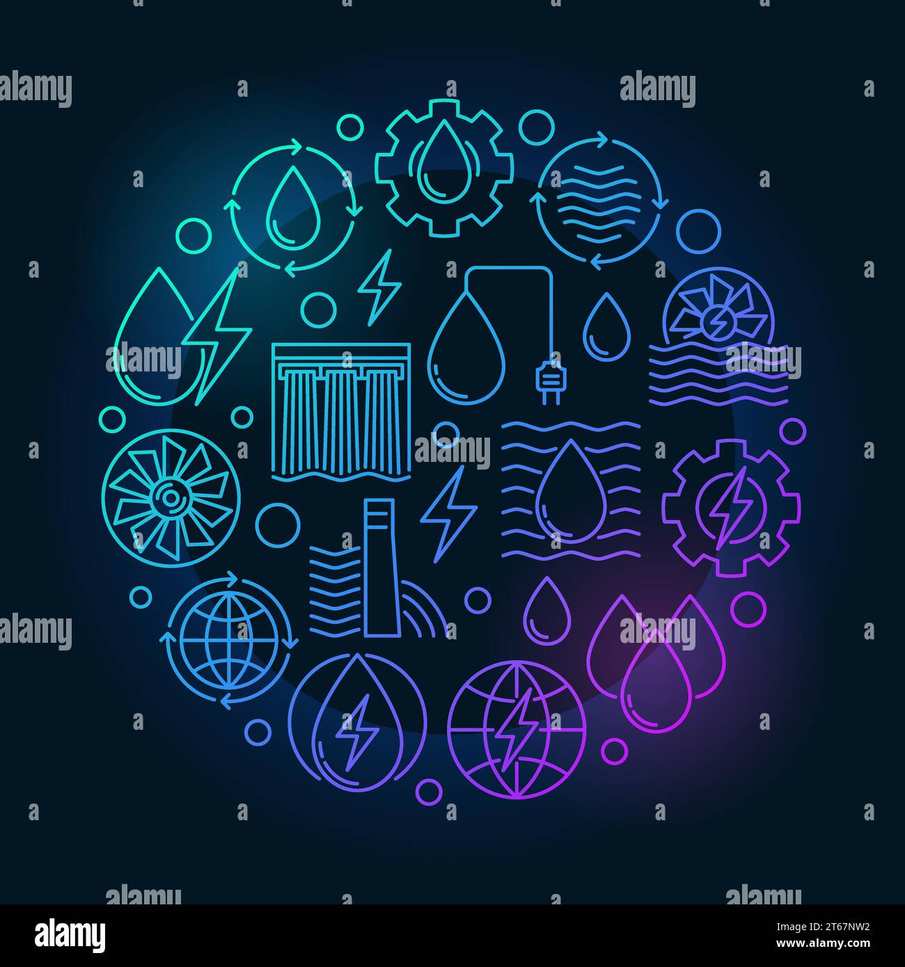 Hydropower colorful circular illustration made with electricity and ...