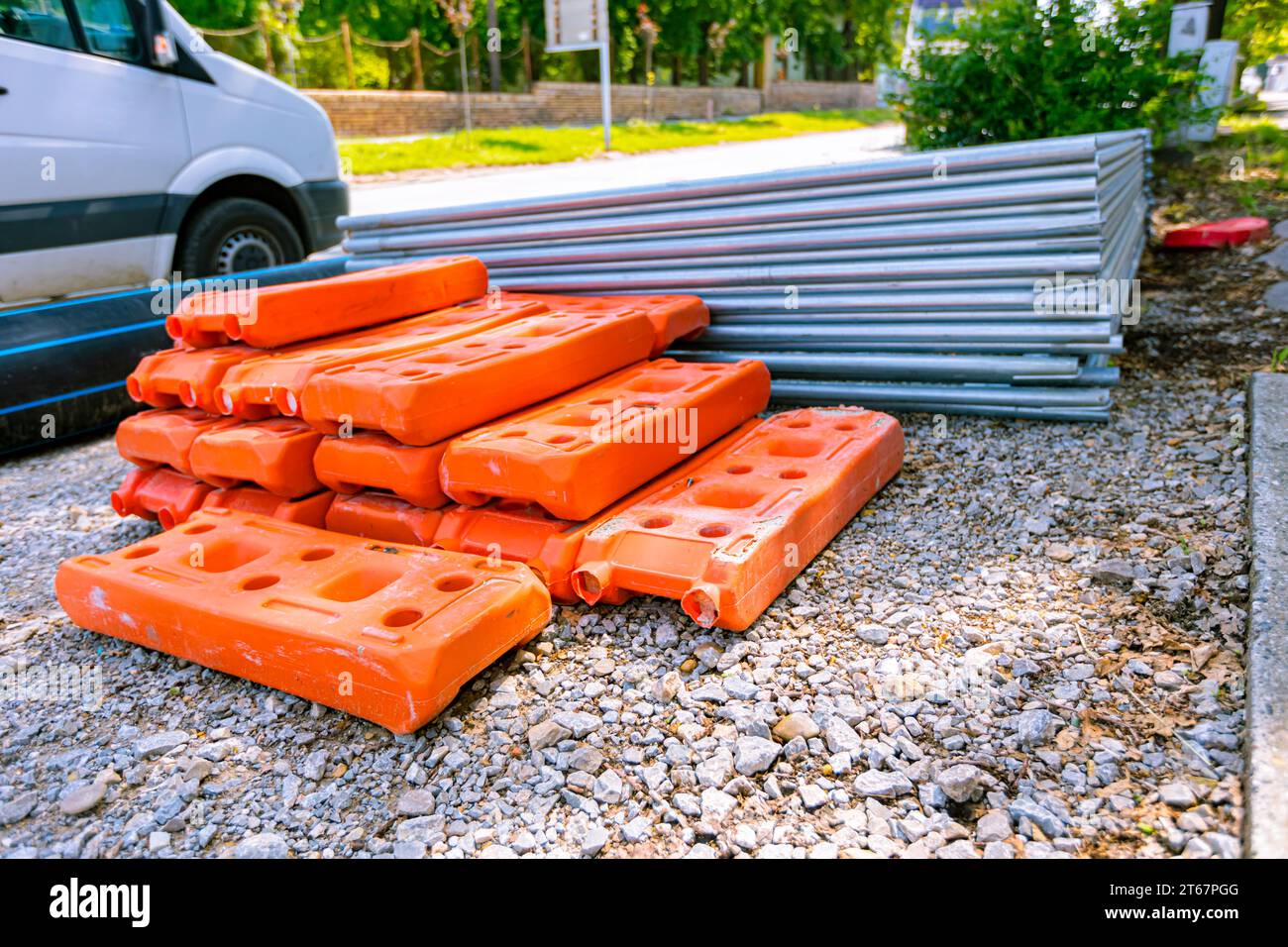 Pile, heap of galvanized parts for temporary metal fence panels are ...