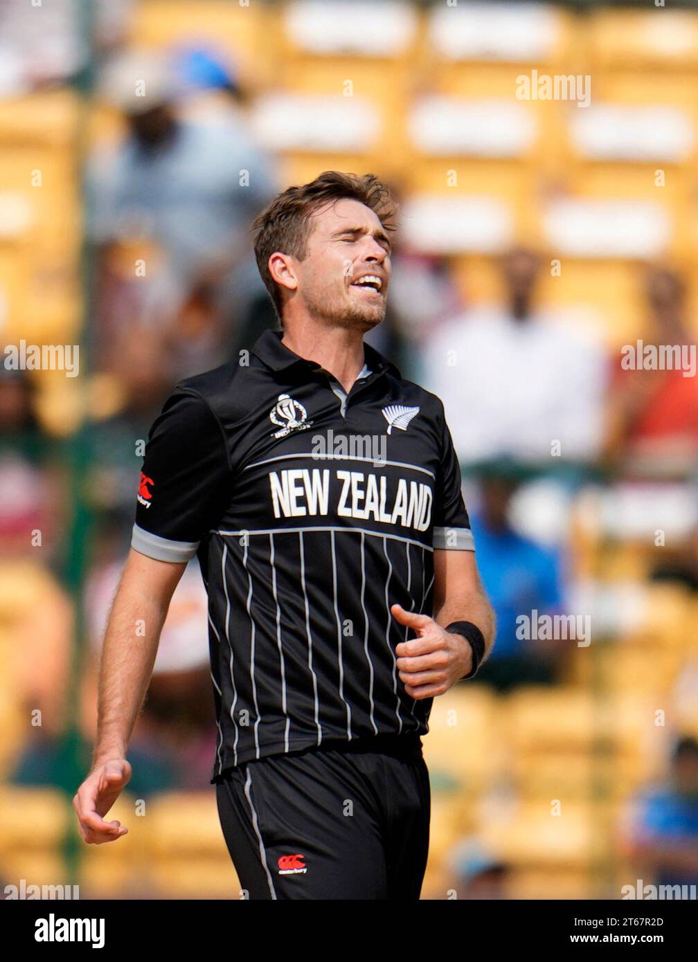 New Zealand's Tim Southee reacts after he was hit for three consecutive ...