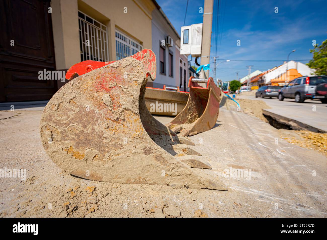 Set of used several different types of excavator's buckets, various ...