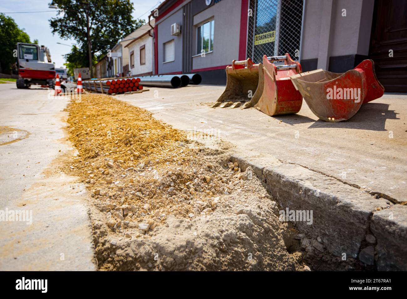 Set of used several different types of excavator's buckets, various ...