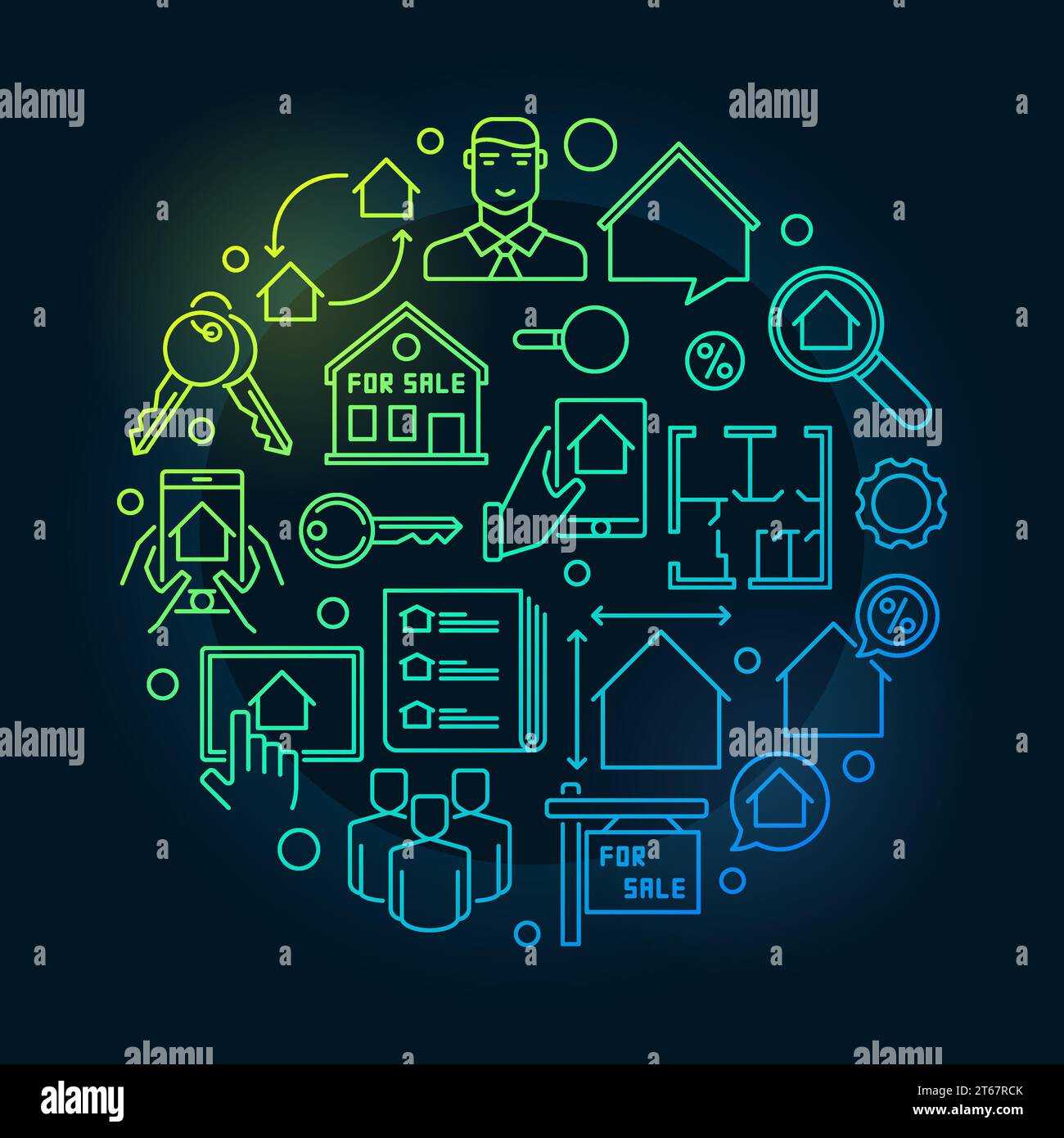 Houses and flats for sale illustration. Vector colorful modern round ...