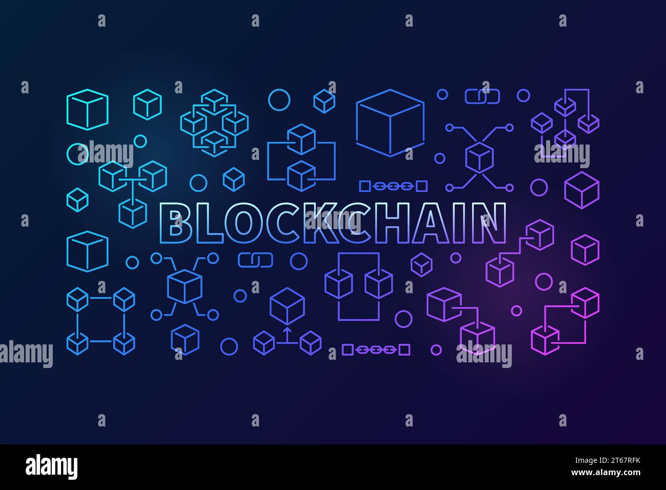 Blockchain vector colored linear illustration. Cryptocurrency and block chain concept horizontal ...