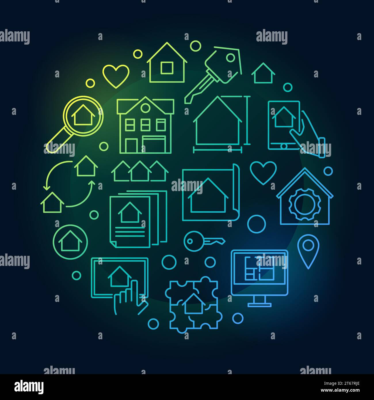 Real Estate business colored round vector minimal illustration in thin ...
