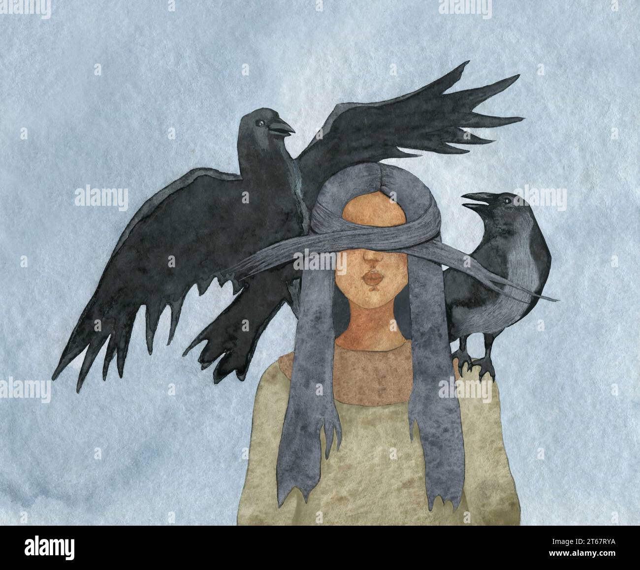 girl with raven on her shoulder, watercolor illustration Stock Photo ...