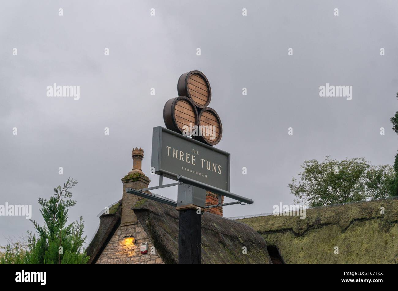 Pub sign for the Three Tuns in the village of Biddenham, Bedfordshire ...