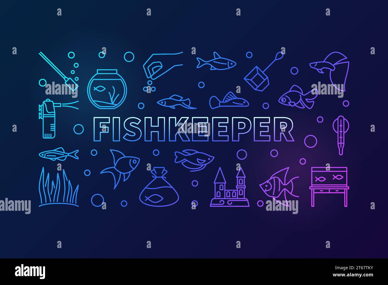 Fishkeeper vector colored horizontal banner or illustration in thin ...