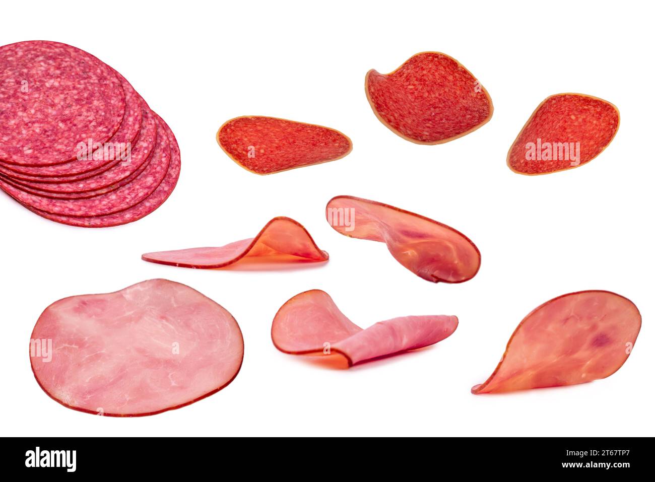 Falling tasty salami isolated on a white background Stock Photo - Alamy