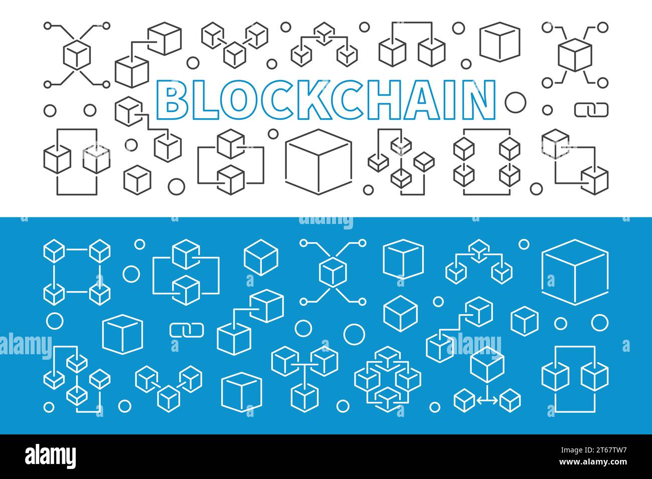 Blockchain new technology horizontal vector banners. Two modern crypto currency and block chain ...
