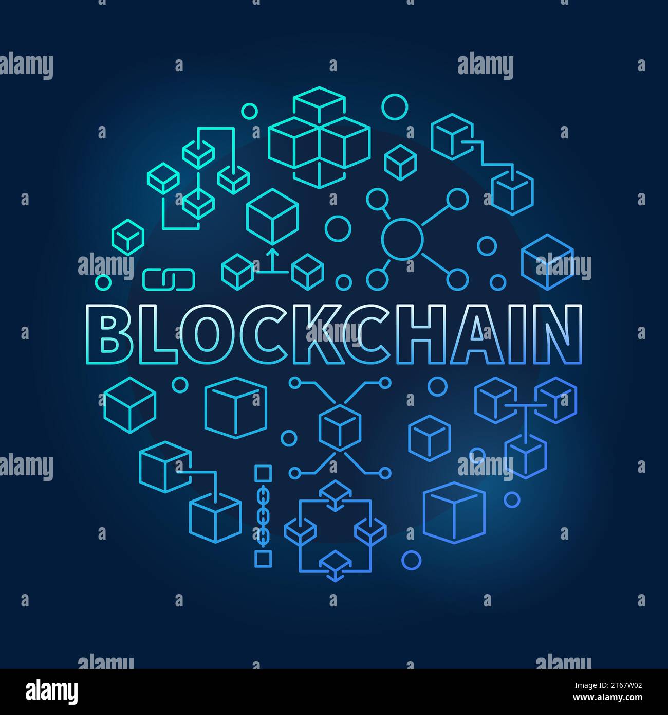 Blockchain technology blue modern round illustration made with block chain outline concept icons ...