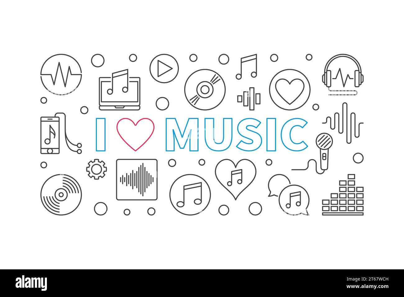 I Love Music vector horizontal illustration or banner in thin line ...