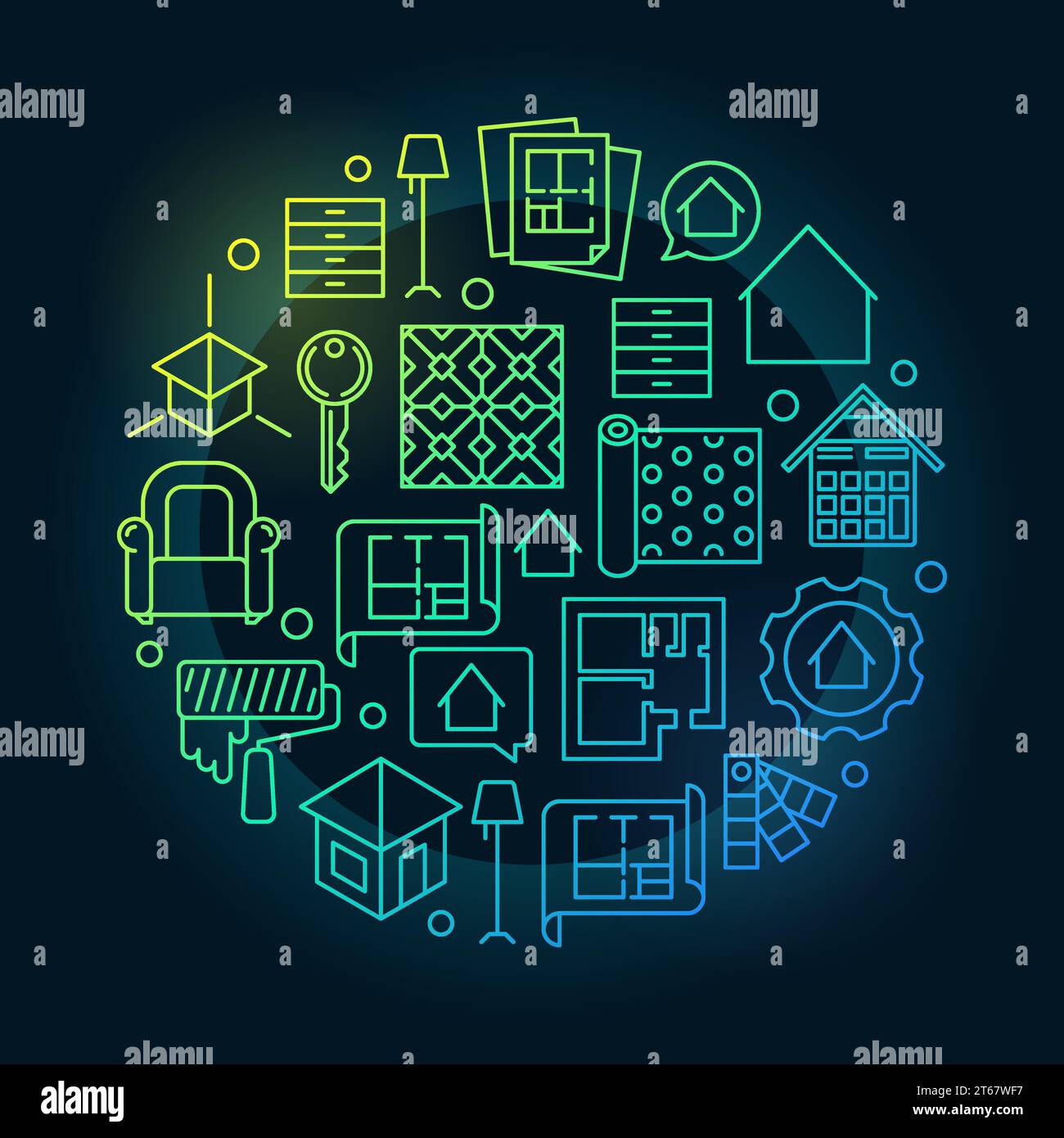 Interior designer colorful illustration - vector round outline symbol ...