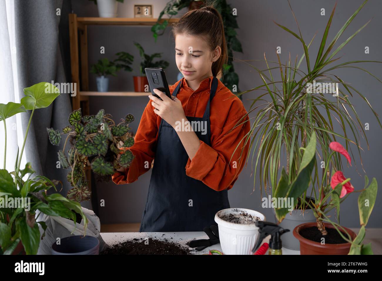 Hobby, teen girl using mobile phone, cellphone taking photo of pot ...