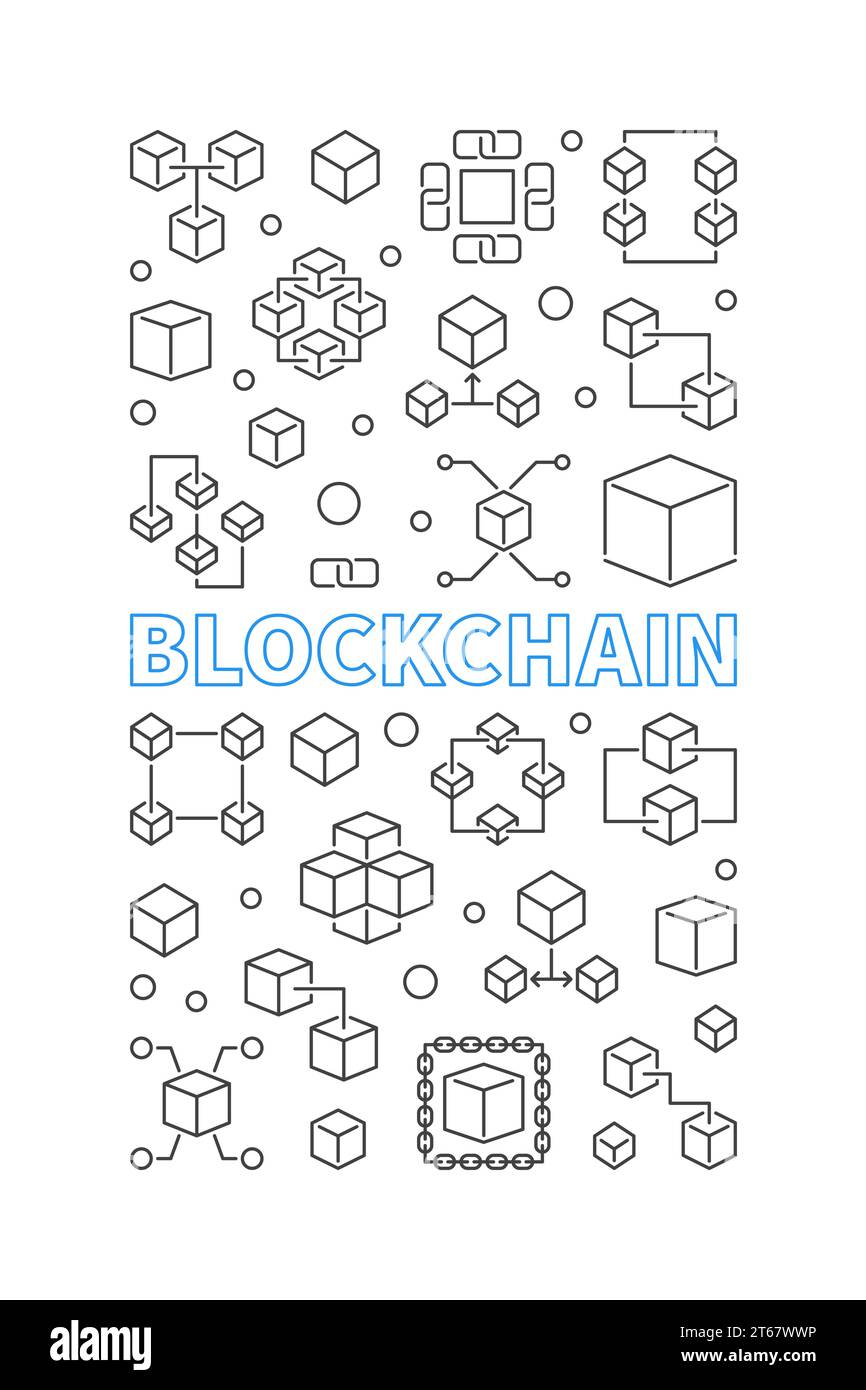 Blockchain technology vertical background. Block chain modern poster in outline style. Vector ...