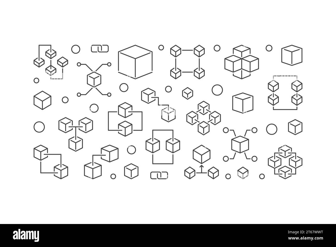 Blockchain technology vector concept horizontal banner made of outline block chain and cube ...