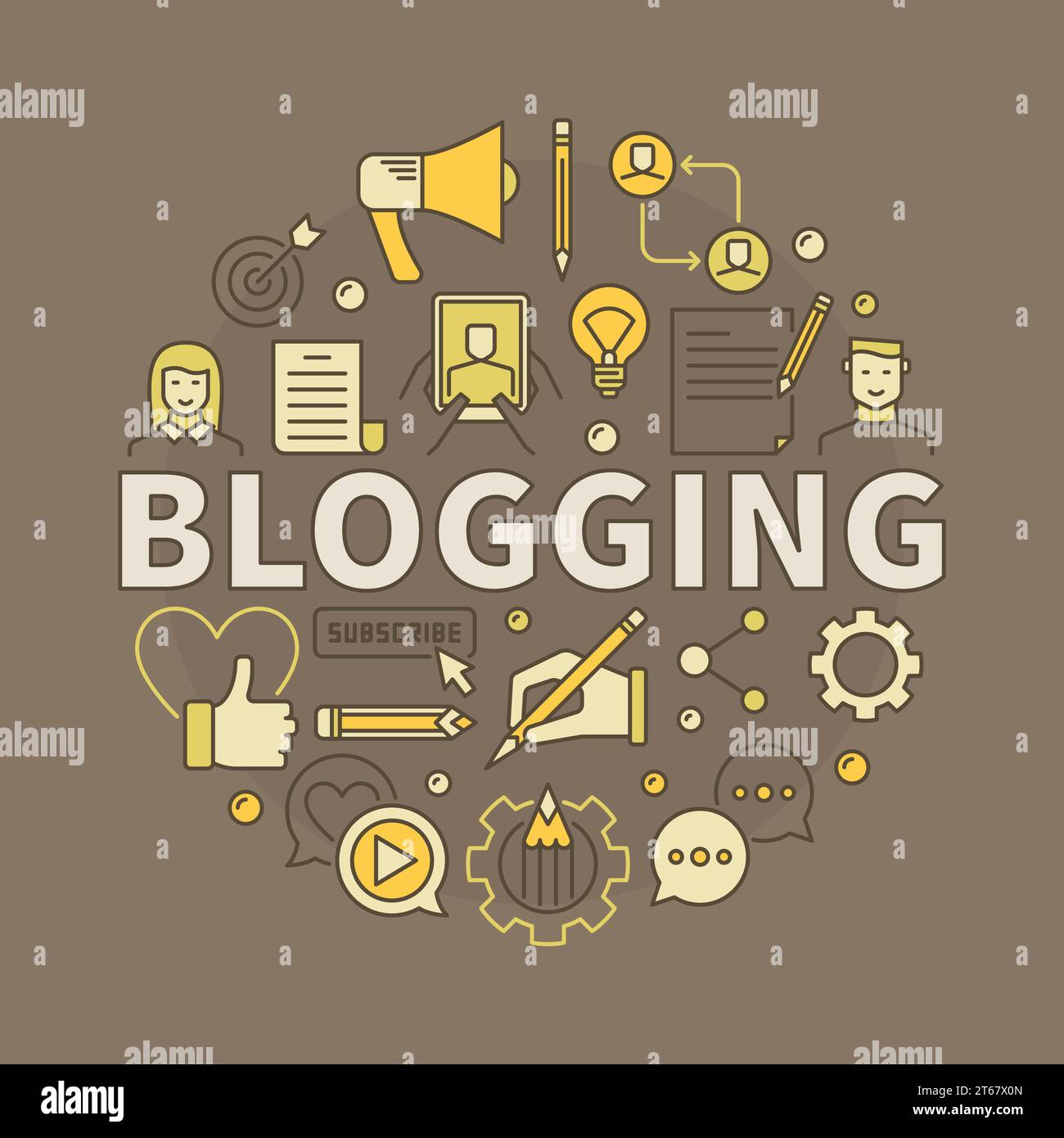 Blogging colorful vector illustration - round symbol made with word BLOGGING and creative blog ...