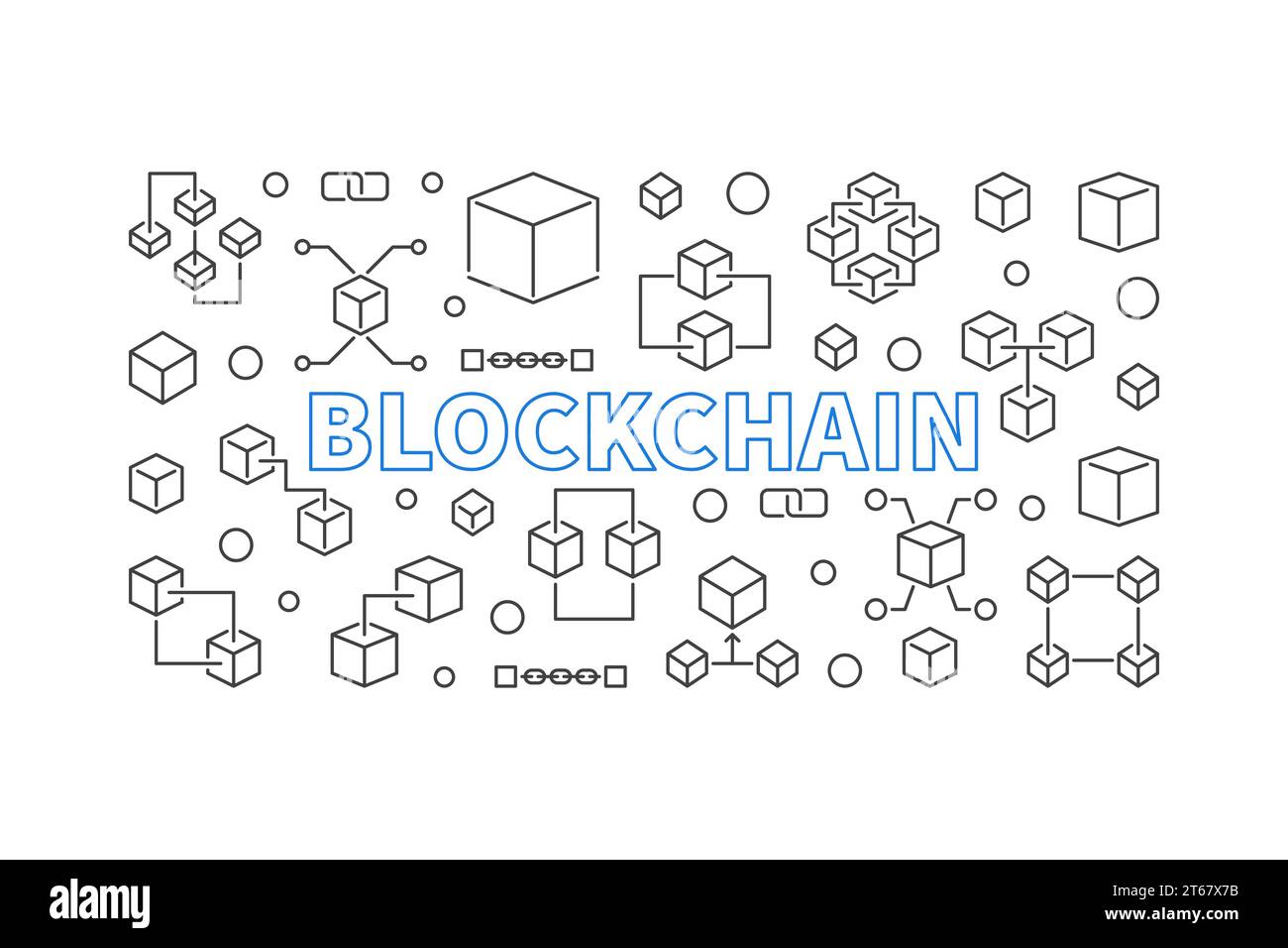 Blockchain vector outline illustration. Cryptocurrency and block chain concept background or ...
