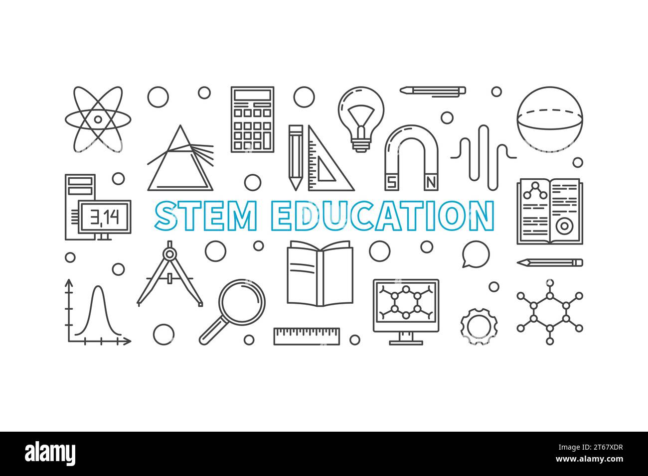 STEM Education vector horizontal banner in thin line style. Science, technology, engineering and ...