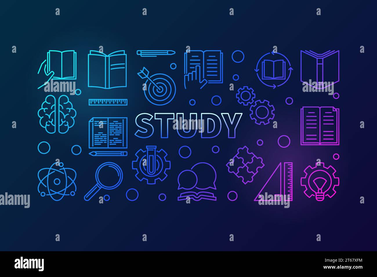 Study vector education blue horizontal illustration in thin line style ...