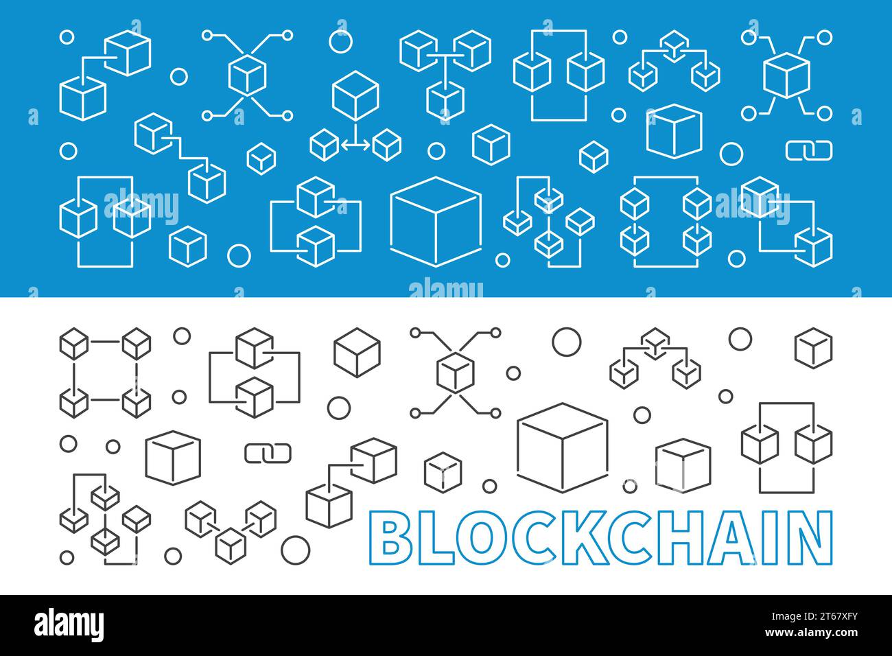 2 blockchain concept banners or backgrounds in thin line style. Block chain vector creative ...