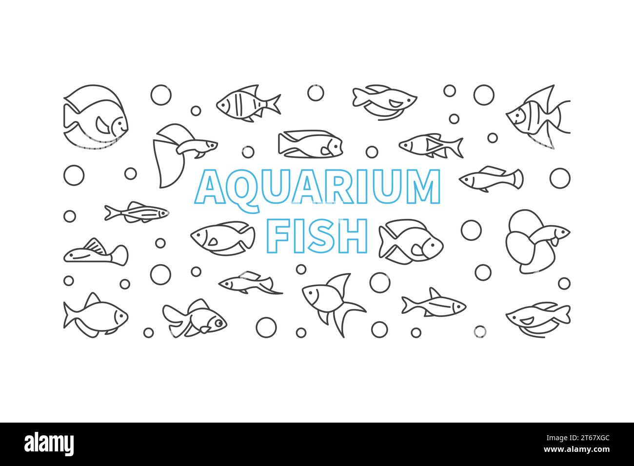 Aquarium fish vector horizontal banner in thin line style. Exotic ...
