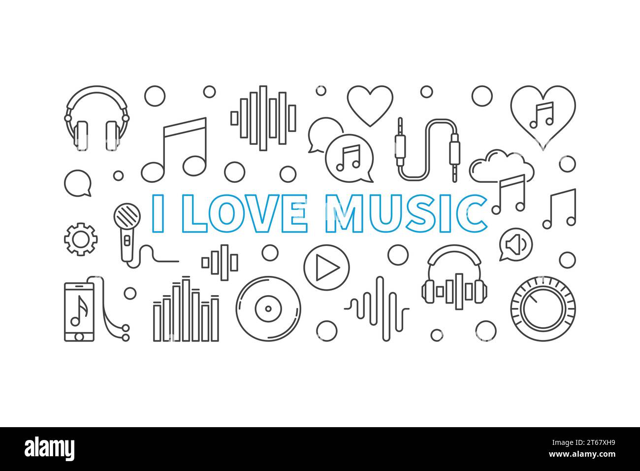 I Love Music vector horizontal banner or illustration made with thin ...