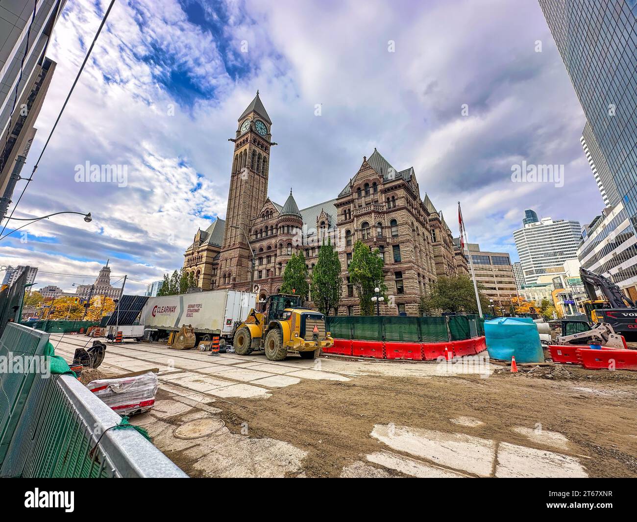 Wide angle view of construction equipment by the Old City Hall building ...