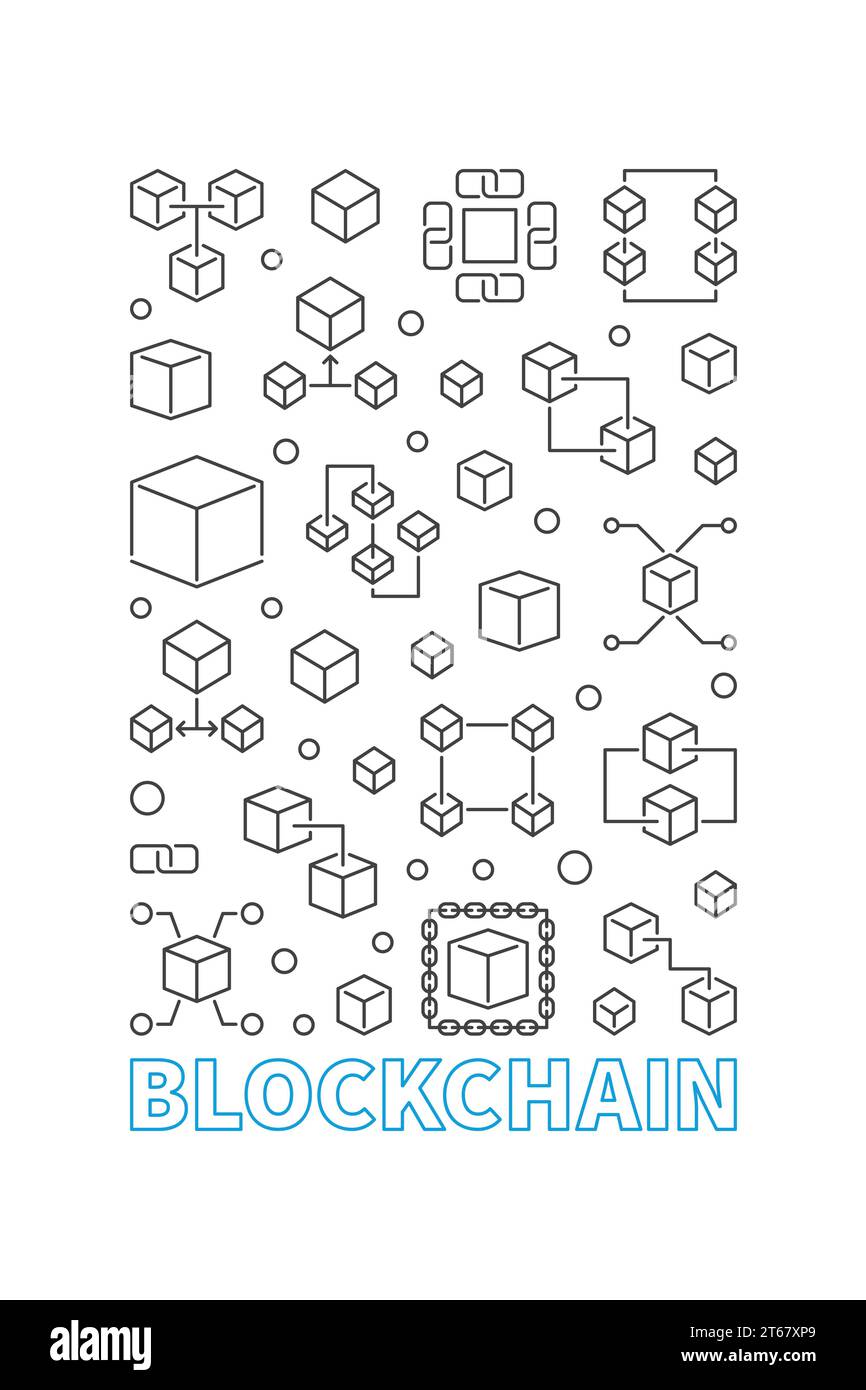 Blockchain modern vertical poster or background in thin line style ...