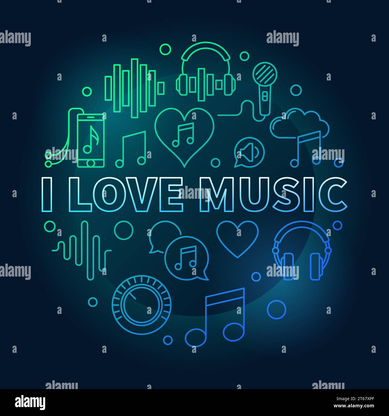 I Love Music vector round colored illustration made with music linear ...