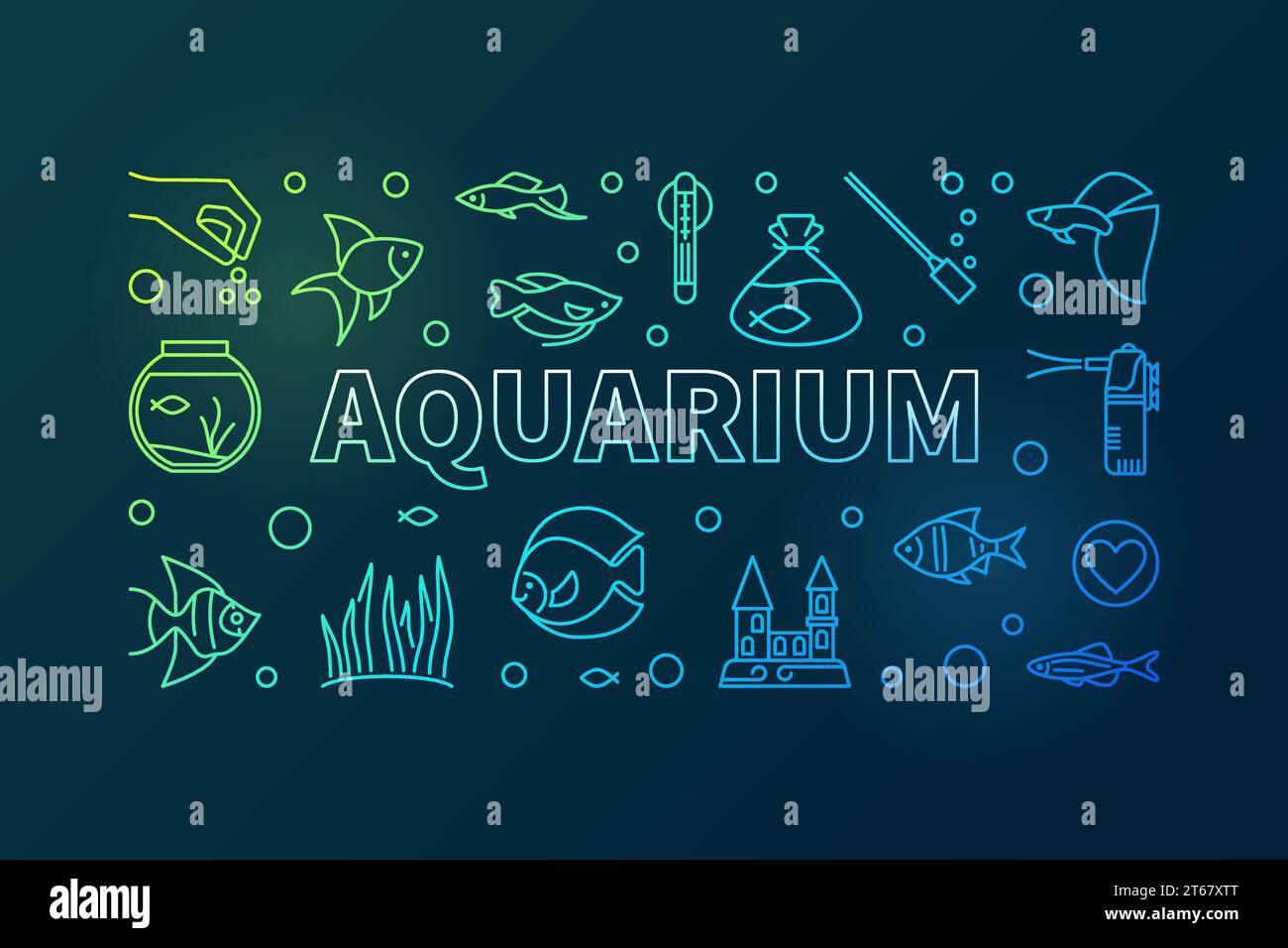 Aquarium vector colorful horizontal banner in thin line style ...